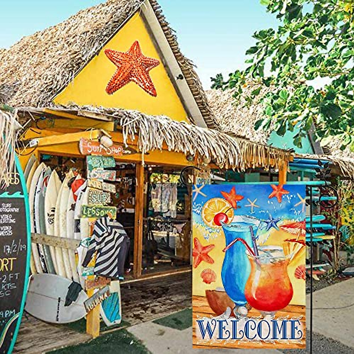 Summer Welcome Garden Flags for Outside 12x18 Double Sided Tropical Hawaii Beach Vertical Garden Yard Flags Pool Home Party Outdoor Garden Decor Banner