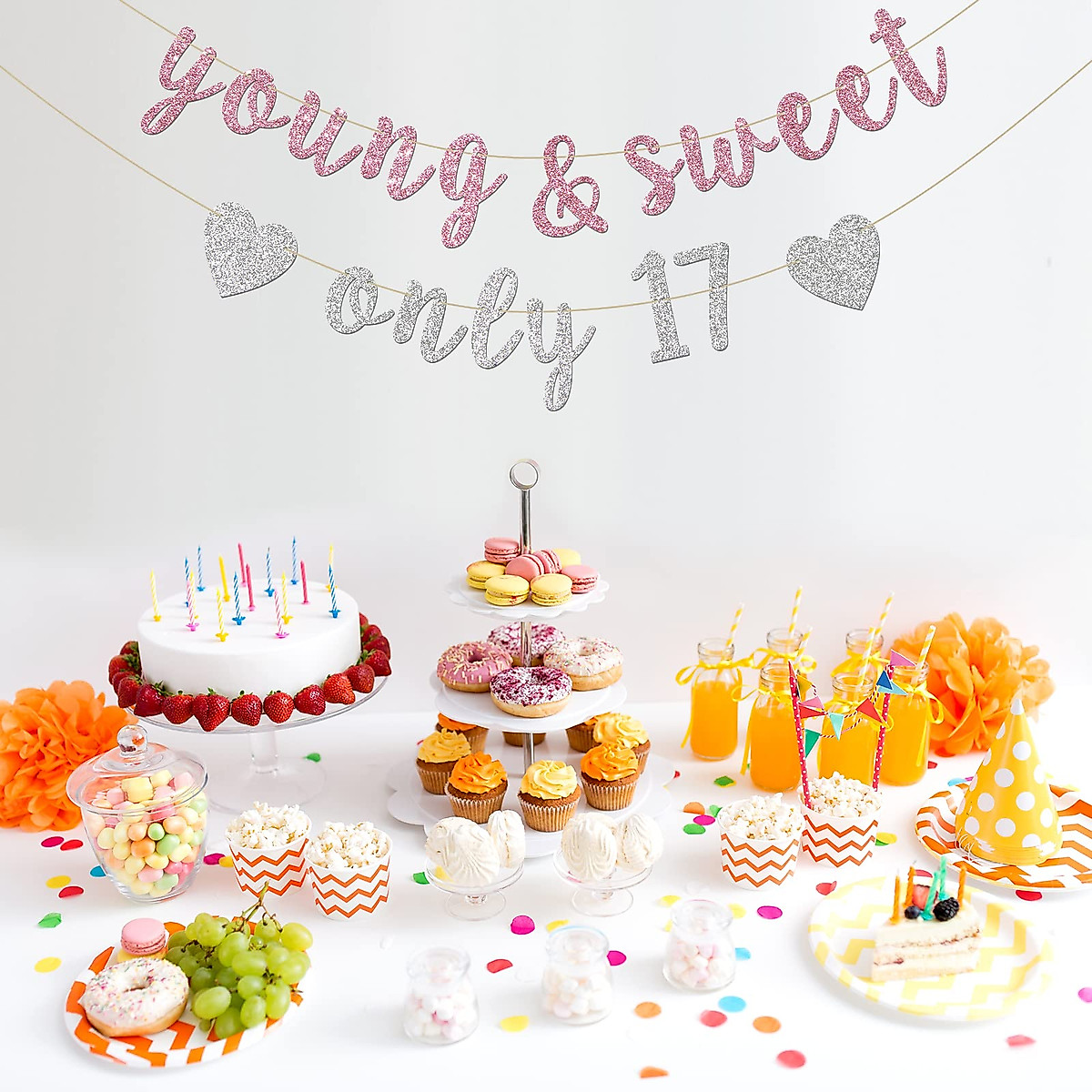 INNORU Young & Sweet Only 17 Banner - Happy 17th Birthday Party Decor for Girls - Cheers to 17 Years Party Decorations Supplies, Pink & Silver Glitter