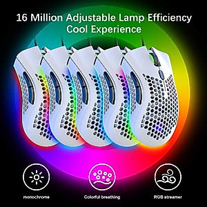 LexonElec M7 Gaming Mouse with RGB Lamp Effect,79G Lightweight Honeycomb Shell,Ultralight Ultraweave Cable,Pixart 3325 12000 DPI PC Gaming Mice for PC Gamers and Xbox and PS4 Users(White)