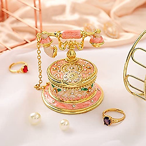 QIFU Hand Painted Telephone Pink Enameled Jewelry Trinket Box with Hinged Unique Gift for Home Decor