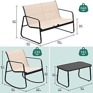 YITAHOME 4 Piece Patio Furniture Set, Small Backyard Bistro Rocking Chairs, Loveseat and Glass Table, Textilene Outdoor Conversation Set for Lawn, Garden, Balcony, Poolside (Brown)