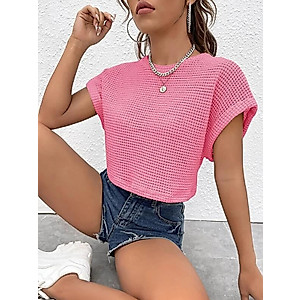 Meladyan Women’s Casual Waffle Knit Crop Tee Top Batwing Short Sleeve Crew Neck Solid Cropped T Shirt Tops Pink