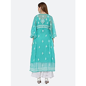 FAWOMENT Women's Lucknowi Chikan Embroidery Exclusive Panel Gown alongwith Kurti (S, Aqua Green)