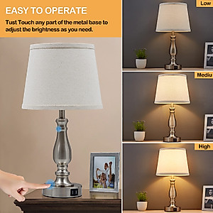 Lamps for Bedrooms Set of 2, Brushed Nickel Bedside Lamps with USB C+A Ports, 3 Way Dimmable Nightstand Lamps with Fabric Lampshade, Touch Table Lamp for Living Room Bedroom Office, Bulbs Included
