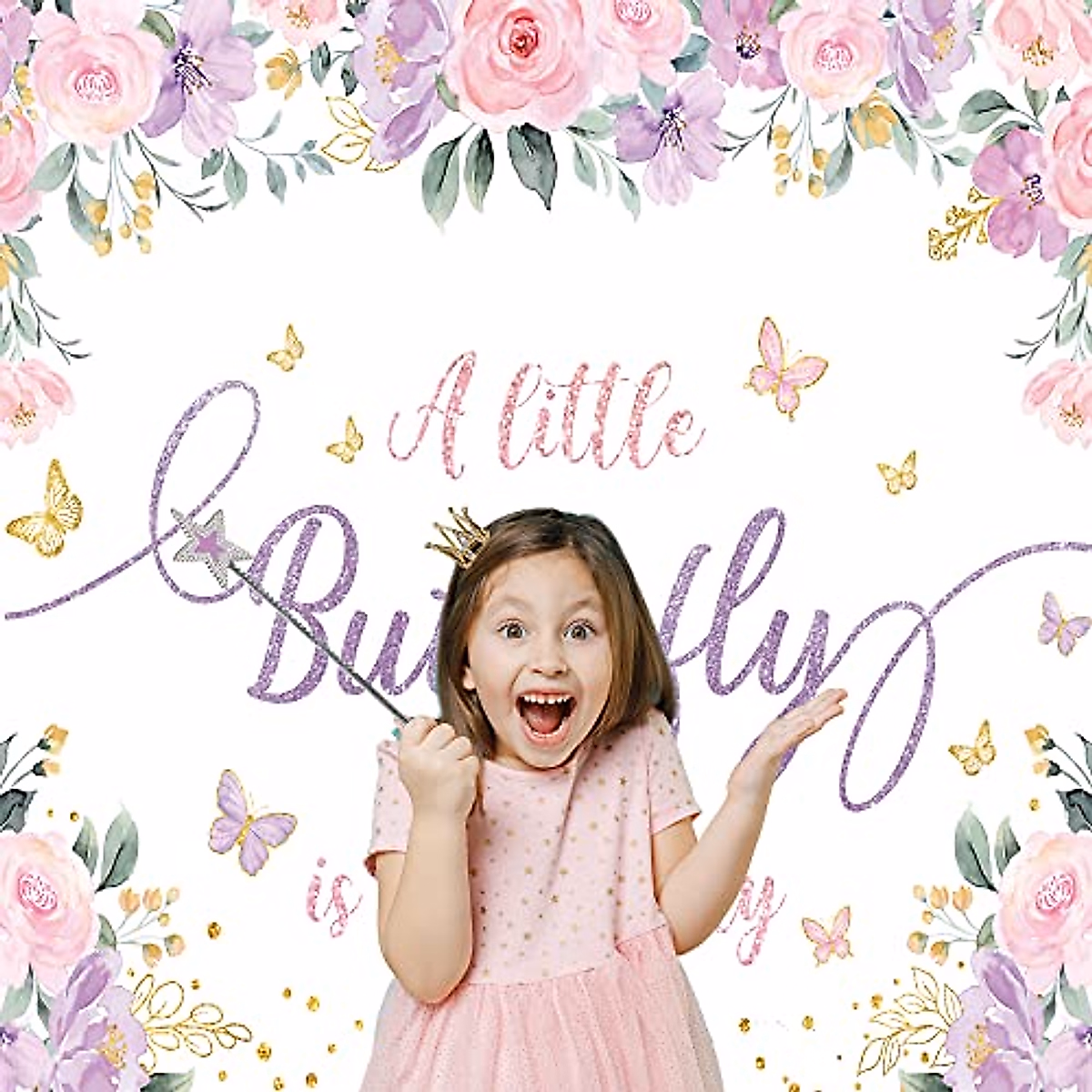 SVBright Butterfly Floral Baby Shower Backdrop 7Wx5H A Little Butterfly is on The Way Pink Purple Flowers Girls Princess Gold Dots Party Decorations Photography Background Banner Photo Booth Studio