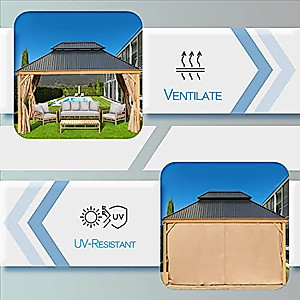 BPS 12' X 16' Hardtop Gazebo Outdoor Aluminum Wooden Grain Coated with Netting Curtain for Patio, Garden, Yard and Party