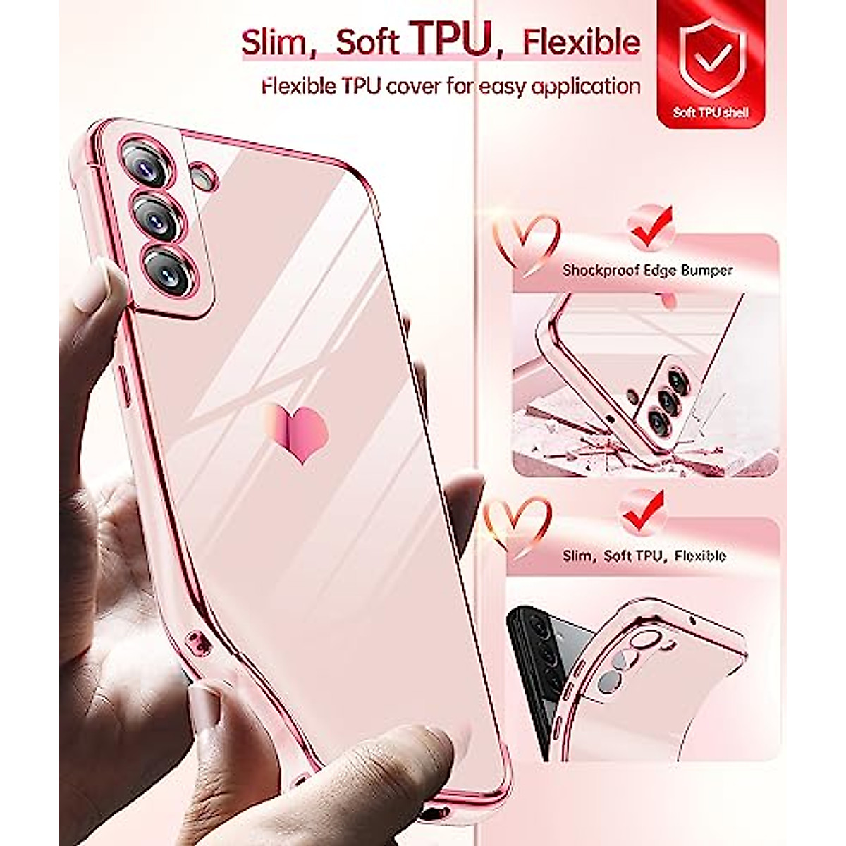 LeYi for Samsung Galaxy S22 Plus Case: Full Camera Lens Protection,Love Heart Plating Girly Women Cute Luxury Soft TPU Shockproof Case for Samsung S22 Plus,Pink