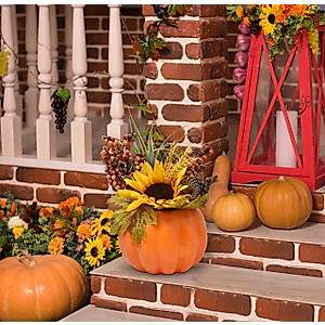 Gift Boutique Fall Pumpkin Centerpiece Artificial Floral Arrangement with Faux Maple Leaves Sunflower Pine Cone Berries Wheat for Porch Large Halloween Thanksgiving Tabletop Decorations 11 Inch
