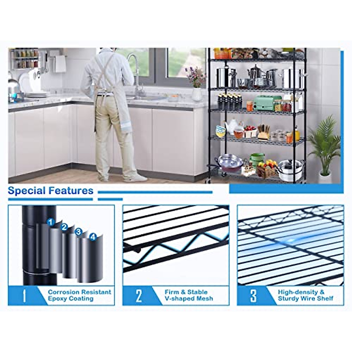 BIQWBIC 6 Tier Storage Shelves Wire Shelving Unit, 48" Lx18 Wx72 H Adjustable Heavy Duty Metal Shelving Rack with Wheels, NSF Adjustable Storage Shelf Garage Shelves-1320 Lbs Capacity, Black