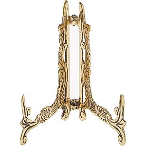 Bard's Ornate Hinged Antique Brass Plate Stand, 5" H x 4" W x 3.75" D