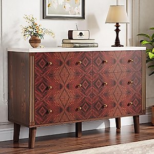 Tribesigns Dresser for Bedroom with 6 Drawers - 47" Wide Rustic Chest of Drawers with Solid Wood Legs, Vintage Storage Dresser Organizer for Bedroom, Living Room, Hallway, Brown Red