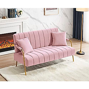 Velvet Upholstery Loveseat Tufted Futon Sofa,Australian Cashmere Fabric Accent 2-Seat Sofá Couch with Metal Legs&Throw Pillows for Living Room/Bedroom/Apartment/Office/Studio/Compact Space