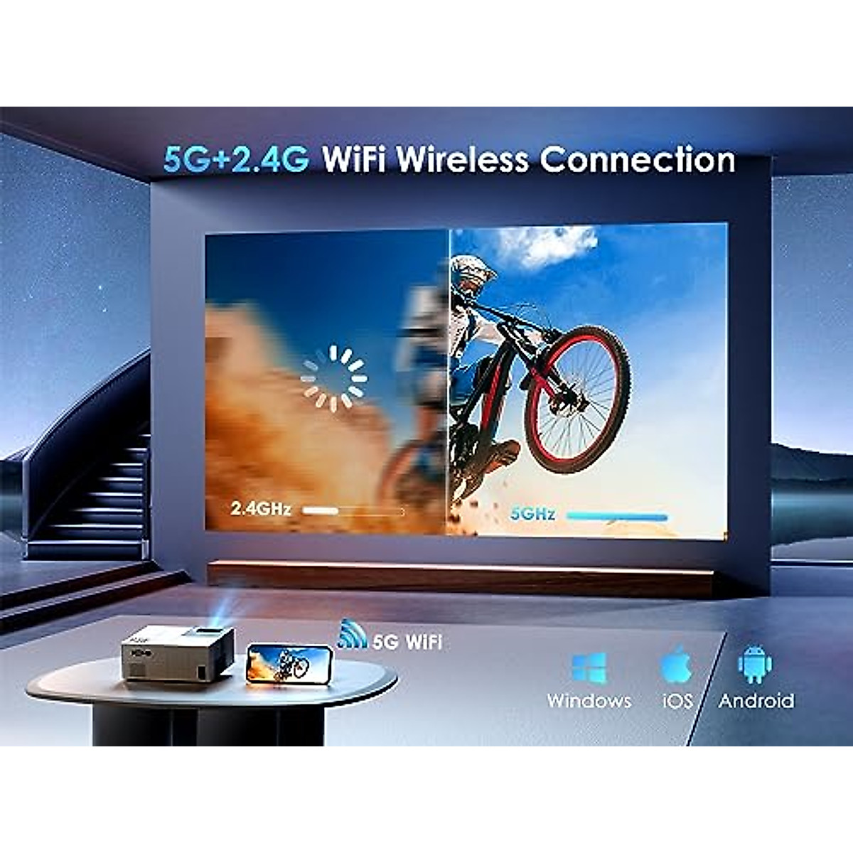 YOWHICK Projector 4K With WiFi and Bluetooth, 20000L Native 1080P Mini Projector For Outdoor Moives, Portable Video Projector For Home Theater, Compatible w/iOS/Android/Win/TV/PS5, White