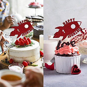 Red Rocket 1st Birthday Cake Topper, Glitter Boy Girl Space 1 Year Birthday Party Decoration