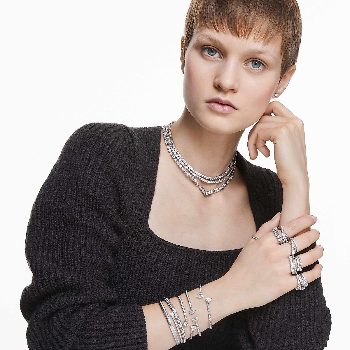 SWAROVSKI Hyperbola Ring, Mixed Cuts, Clear, Rhodium Finished; Size: Us 8; Eu 58