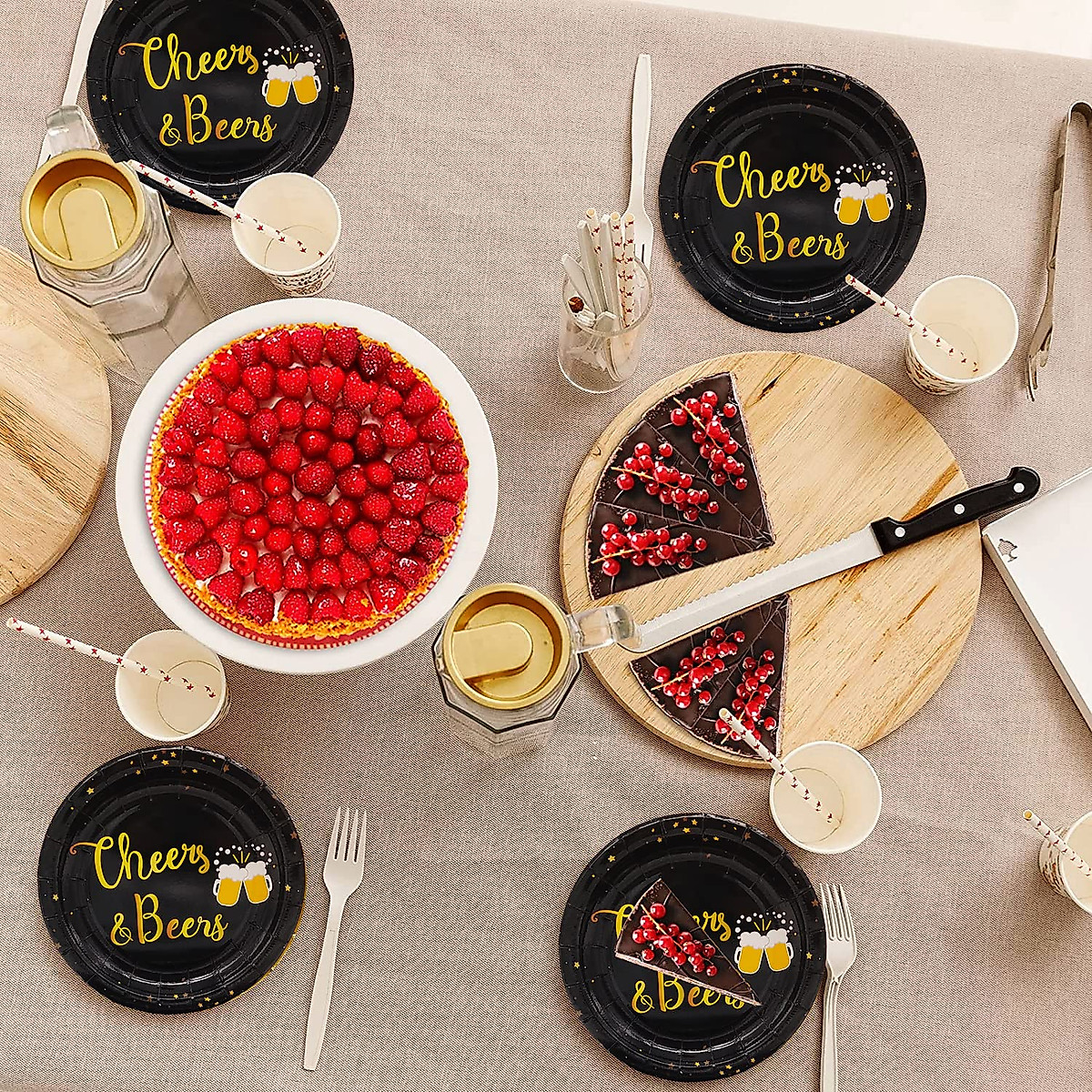 61Pcs Cheers Beer Party Supplies,Black and Gold Party Supplies Set (Plates,Napkins,Cups,Tablecloth)Cheers Beers and Beer Mugs Design,for 90th 80th 70th 60th 50th 40th 30th Cheers Party Decorations