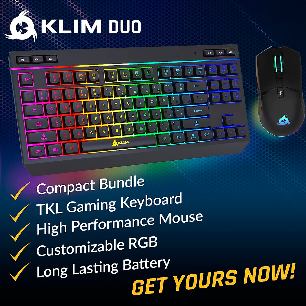 KLIM Duo - New 2023 Wireless Gaming Keyboard and Mouse Combo - Compact Durable Ergonomic - Silent Backlit TKL Keyboard - RGB Gaming Mouse Wireless - Long-Lasting Built-in Battery