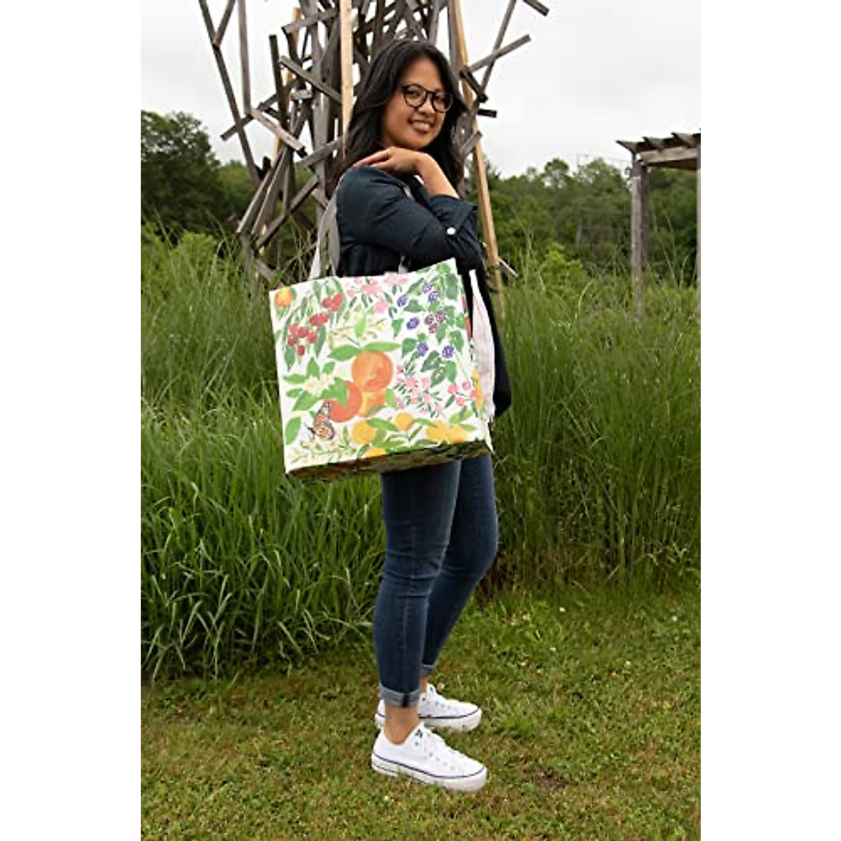 Blue Q Shopper, Orchard. Reusable grocery bag, sturdy, easy-to-clean, made from 95% recycled material, features both hand and shoulder straps, 15" h x 16" w x 6" d