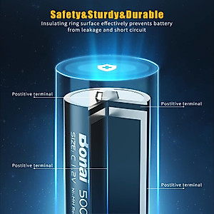 BONAI Rechargeable C Batteries, C Cells 5000mAh 1.2V Ni-MH High Capacity C Size Battery (4 Pack)
