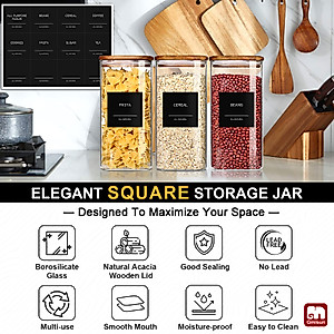 GMISUN Pantry Storage Container, 50oz Airtight Glass Food Storage Jars with Wooden Lids, Cereal and Pasta Storage Containers for Pantry, 3 Pack CLear Square Glass Kitchen Canisters for Flour, Rice
