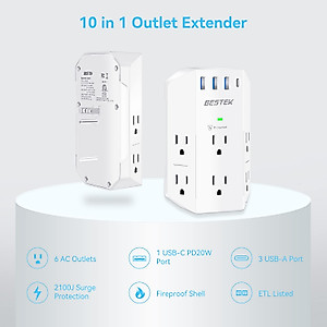 Surge Protector, Outlet Extender with 6 Outlets and 4 USB Ports (1 USB C PD20W), BESTEK 2100 Joules Power Strip 3 Sided Multi Plug Outlet for Wall Mount