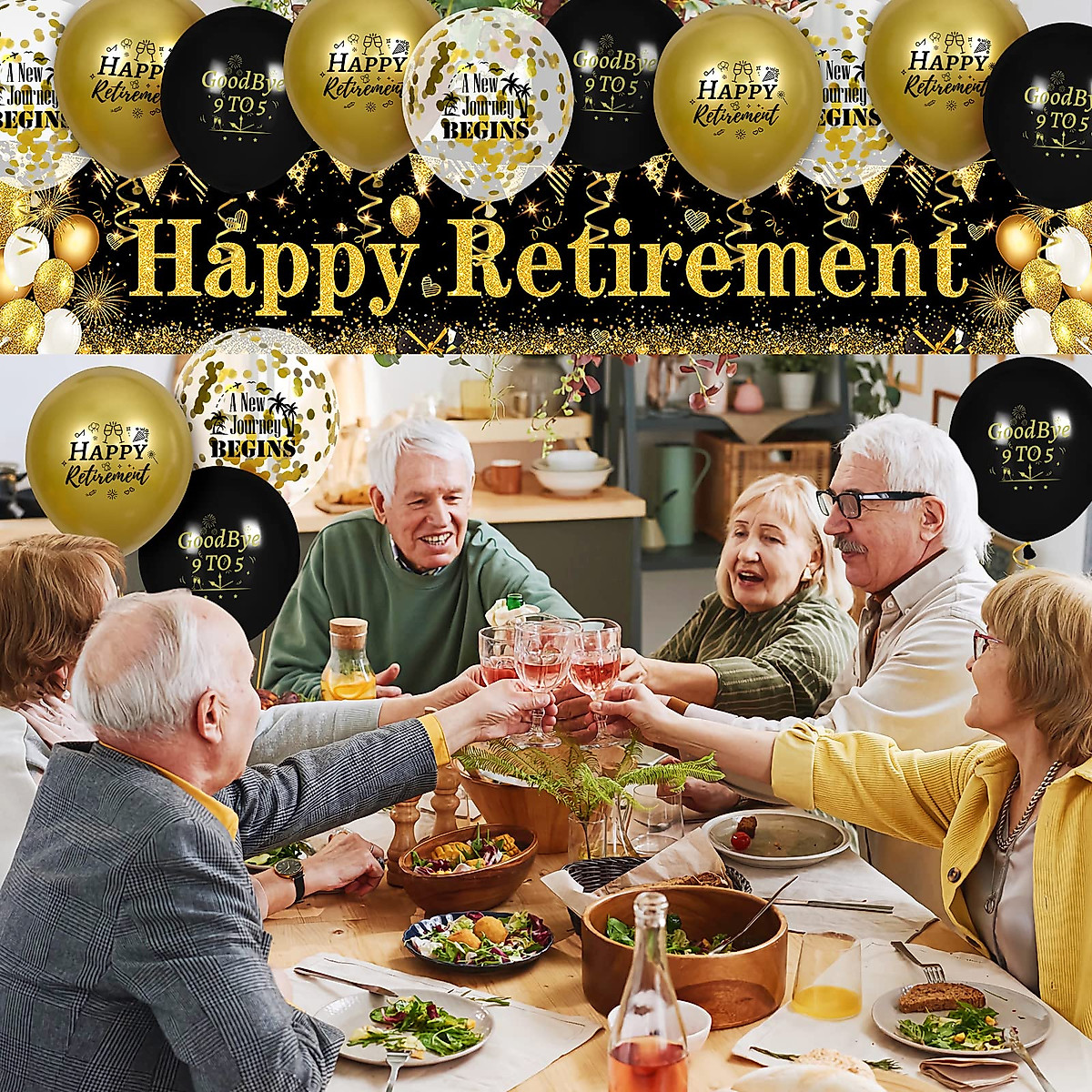 Retirement Party Decorations Black Gold Happy Retirement Banner and 18pcs Happy Retirement Balloons for Men and Women Large Black Gold Retirement Yard Sign for Retirement Party Supplies