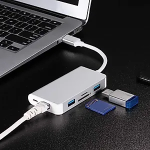 USB Hub Portable USB Hub 6 in 1 Type C USB 3.0 Hubs Type-C to 2xUSB3.0 RJ45 SD TF Card PD Charging Port Adapter Cable Converter for Laptop MacBook(Silver) (Color : Silver)