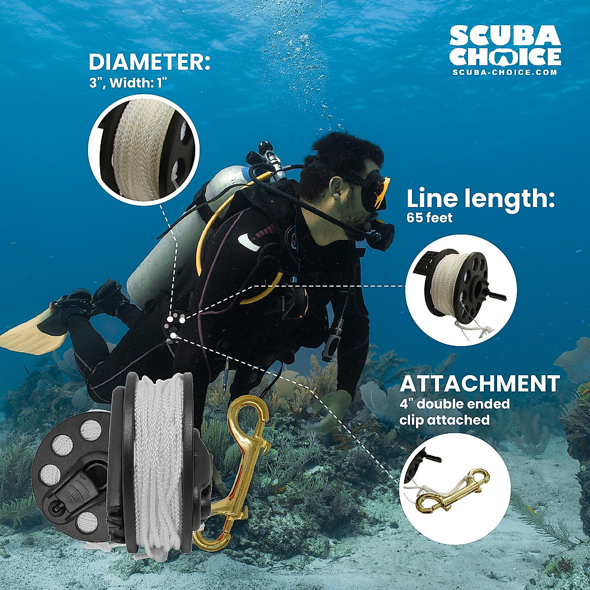 Scuba Choice Scuba Diving Compact Finger Spool with Plastic Handle, 100', White Line