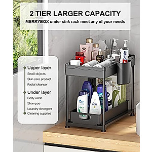 MERRYBOX 2 Pack Under Sink Organizers and Storage, Sliding Under Bathroom Cabinet Organizer, 2 Tier Kitchen Under Sink Organizer Pull Out Drawer with 8 Hooks, 2 Hanging Cups, 8 Non-Slip Feet, Black