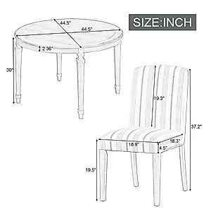 FIQHOME 5 Pieces, Round Solid Wood Legs and 4 Striped Fabric Upholstered Chairs, Set for 4, Dining Table for Small Spaces, Apartment,White