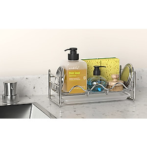 KOYLIM Sink Caddy Sponge Holder - Stainless Steel Kitchen Sink Organizer with Removable Drain Tray - Brush and Dish Soap Dispenser Storage Rack for Kitchen Counter (Silver)