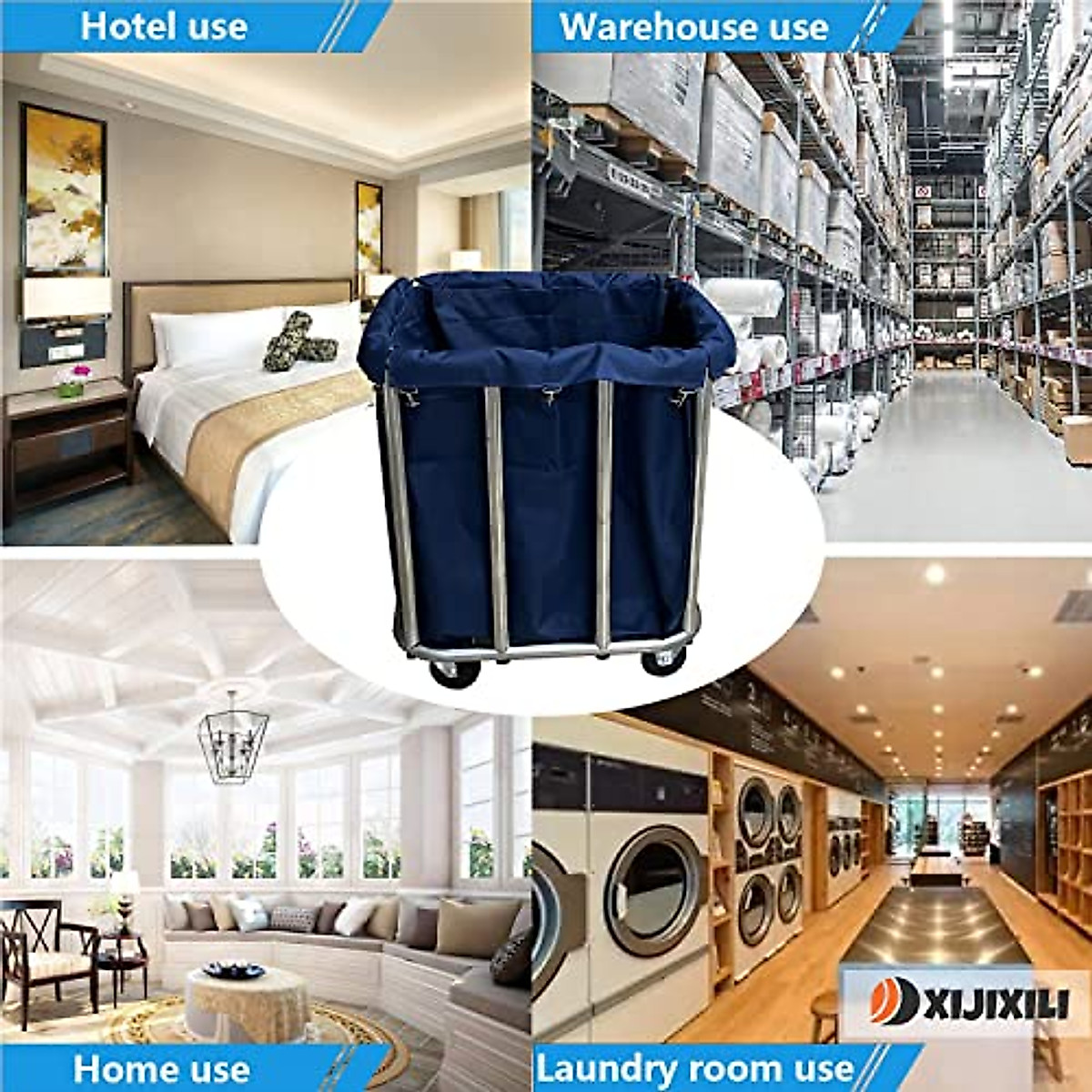 XIJIXILI Commercial Laundry Cart with Wheels Metal Laundry Basket Industrial Rolling Laundry Hamper Removable Liner Bag 160 LB Weight Capacity