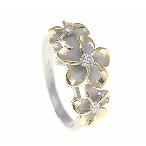 Arthur's Jewelry Sterling silver 925 Hawaiian 3 plumeria flower cz ring rhodium and yellow gold plated size 8.5