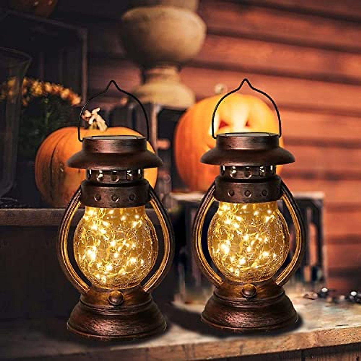 2 Pack Vintage Lantern,Halloween Outdoor Lanterns 2 Modes Option Solar Powered & Battery Operated Cracked Glass Ball Design Waterproof for Table, Garden, Patio,Weddings, Holidays(Warm White)