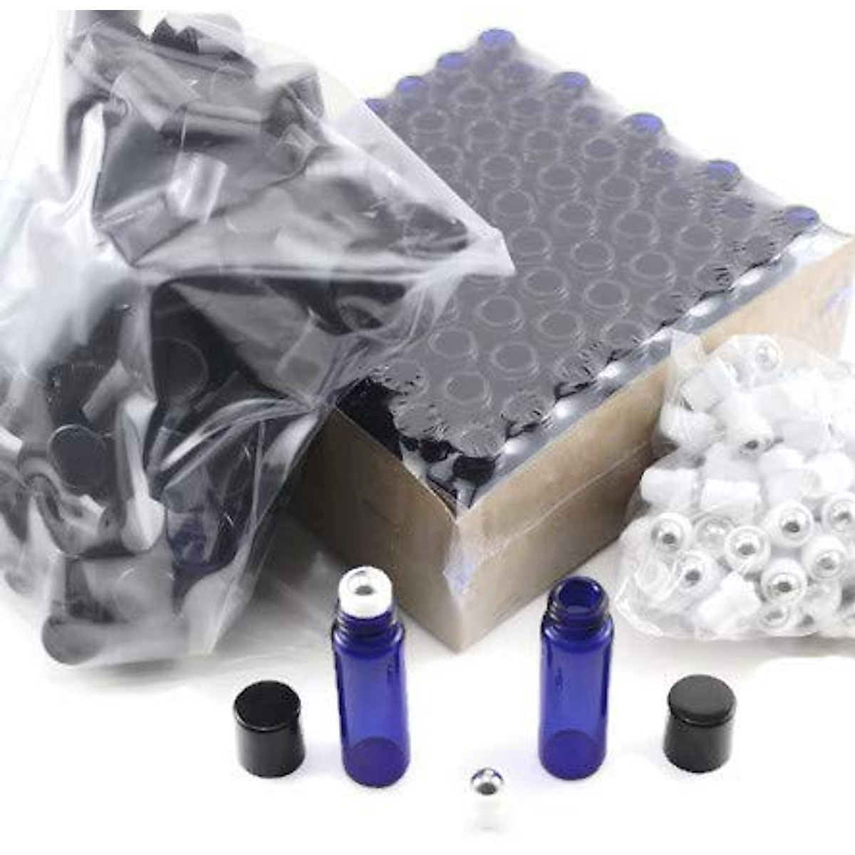 HS HEALTHY SOLUTIONS GLASSWARE 5ml COBALT BLUE Glass Roll On Roller Bottles 144 with Stainless Steel Roller Inserts & Flat Black Screw Caps - Pack of 144 each.
