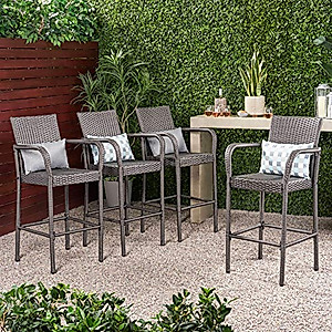 Christopher Knight Home Delfina Outdoor Wicker Barstools, 4-Pcs Set, Grey
