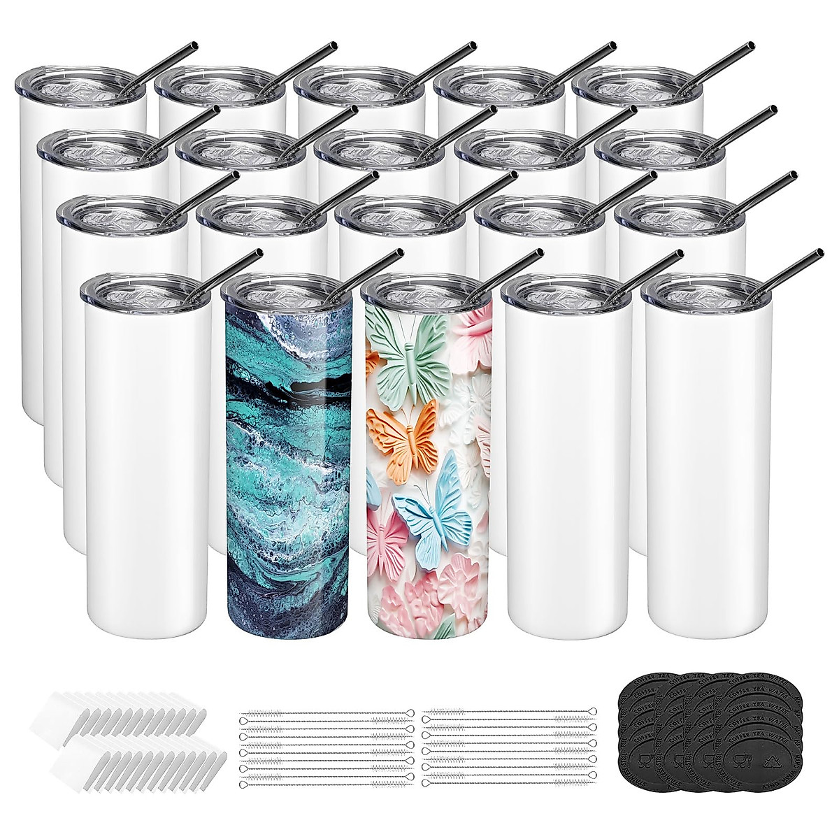OFFNOVA 20Pack Sublimation Tumblers Blank, 20oz Skinny Straight Tumbler Bulk for Heat Transfer, Double Wall Insulated Tumbler with Individually Boxes, Shrink Wrap, Cleaning Brush