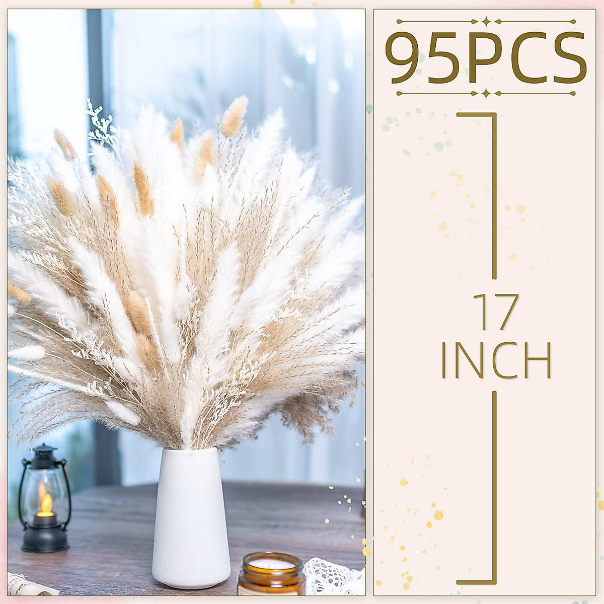 95 PCS Pampas Grass Decor Natural Dried Flowers | Boho Dried Floral Arrangement Centerpiece Table Decor Wedding Decor Rustic Decor (95PCS)