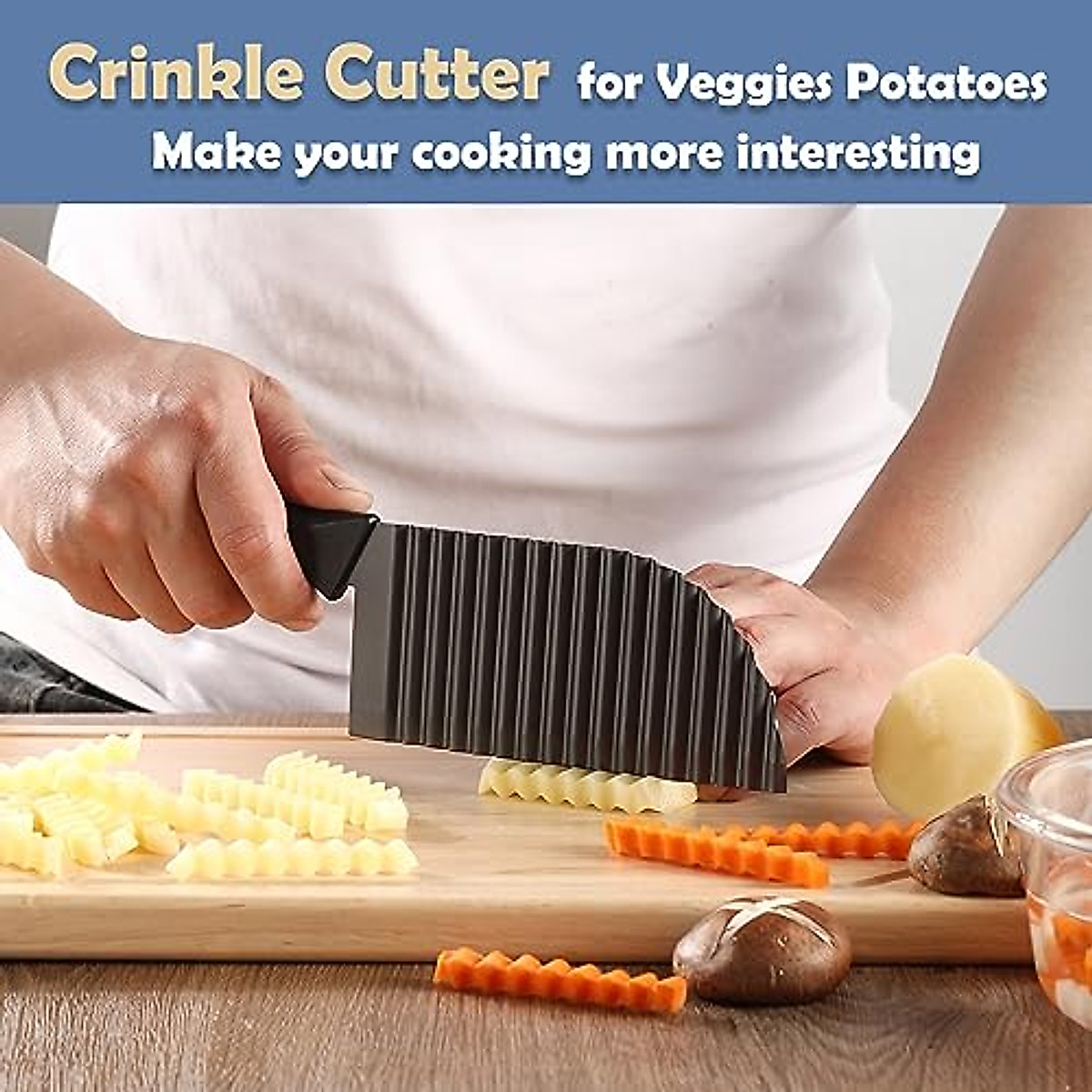 HAWOWZ Crinkle Cutter for Veggies Potatoes, Crinkle Knife for Salad Chopping Cucumber Carrot Fruit, Wave Knife Stainless Steel French Fry Slicer