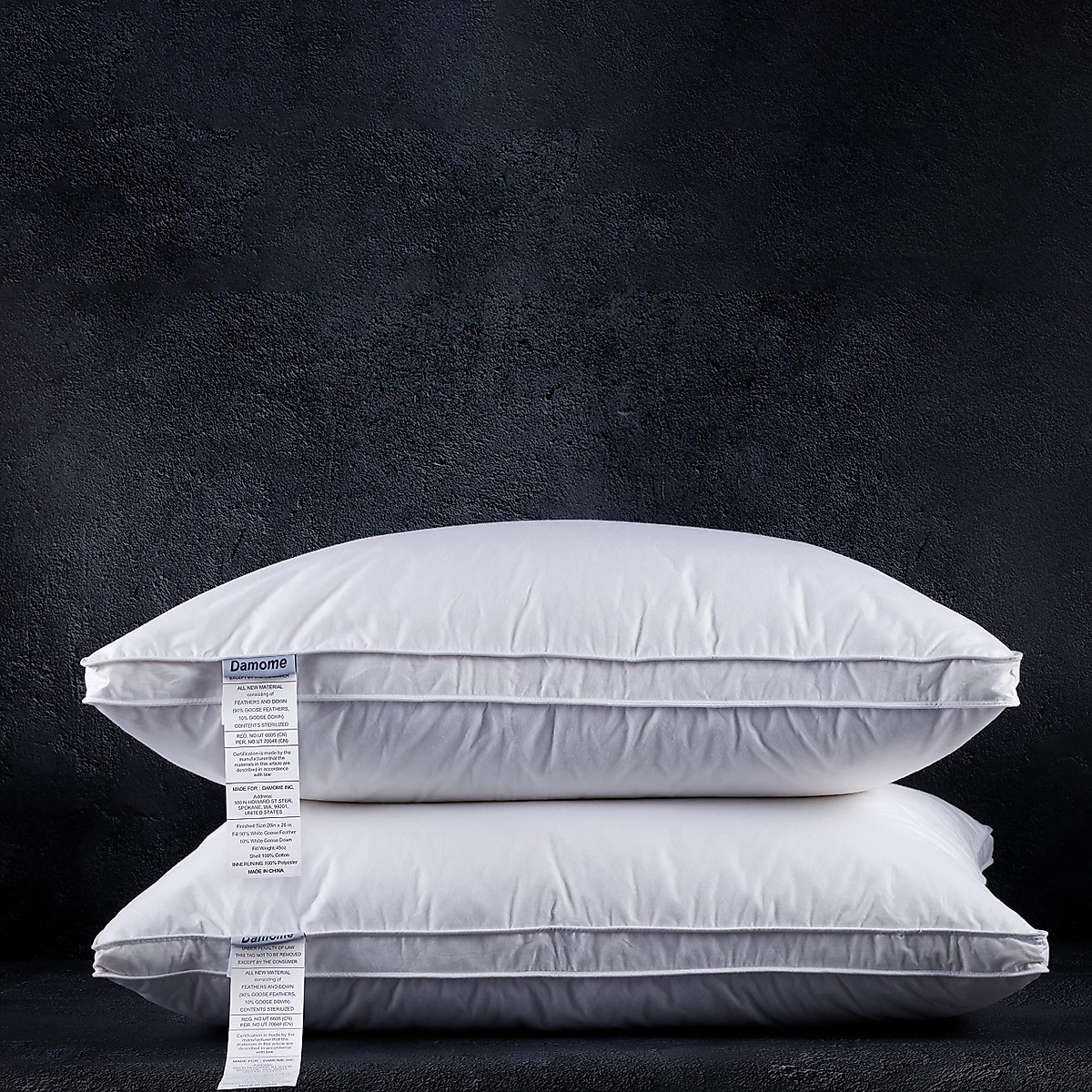 Damome Goose Feathers Down Pillows for Sleeping(2 Pack),Standard(20inx26in)-White Bed Pillow Inserts,100% Cotton Cover,Sleeping Pillows for All Sleepers