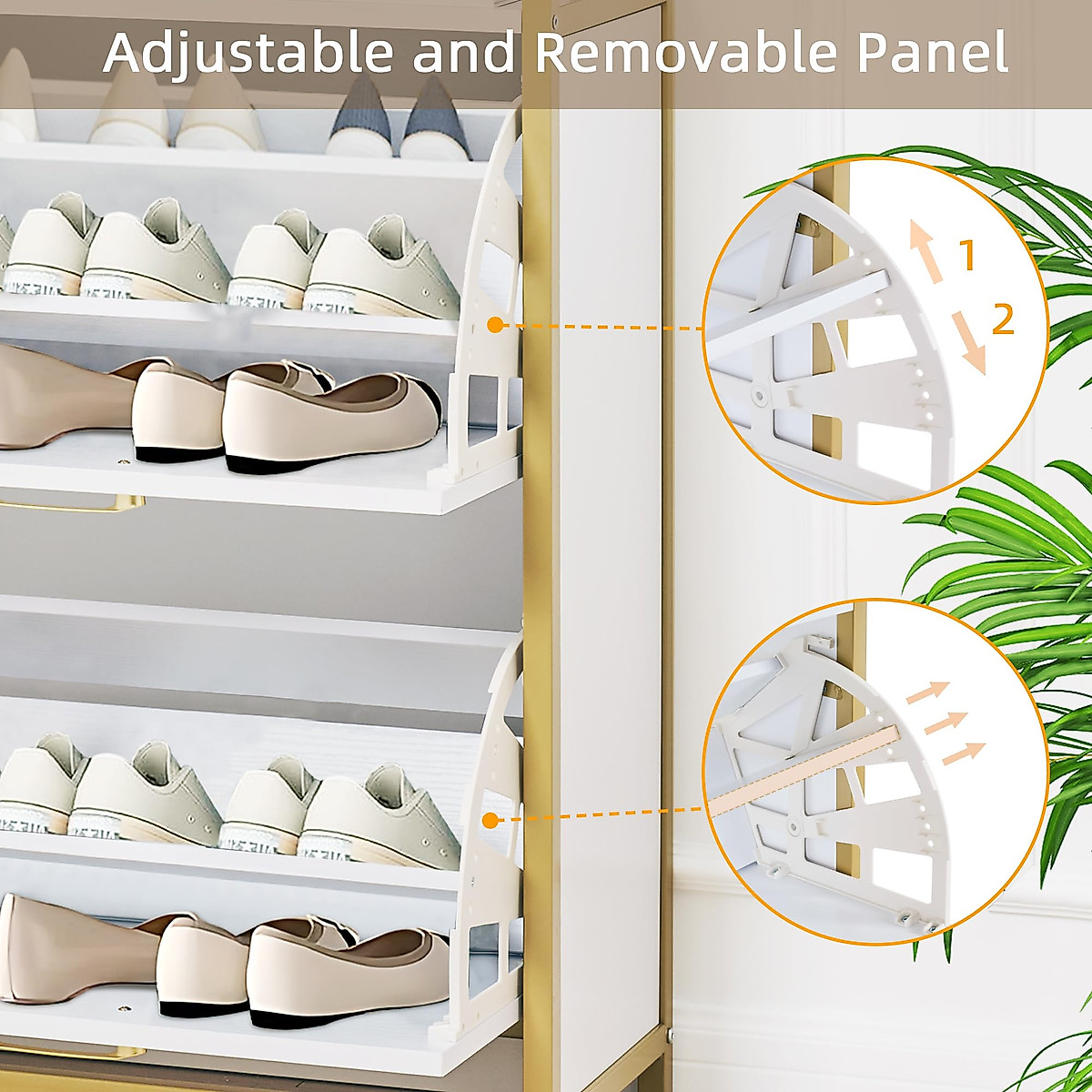 VECELO Shoe Storage Cabinet with 2 Flip Drawers for Entryway, Modern Slim Hidden Freestanding Organizer with Metal Legs for Hallway, Living Room, Large Capacity, Suit for Size to 8, White