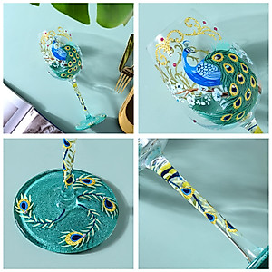 NymphFable Hand-painted Wine Glass Coloured Peacock Artisan Painted 15oz Personalised Gift for Best Friend