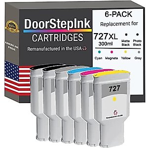 DoorStepInk Remanufactured in The USA Ink Cartridge Replacements for HP 727 300ml 6-PK B C M Y PBK G for Printers DesignJet T1500 T2500 T920 T930