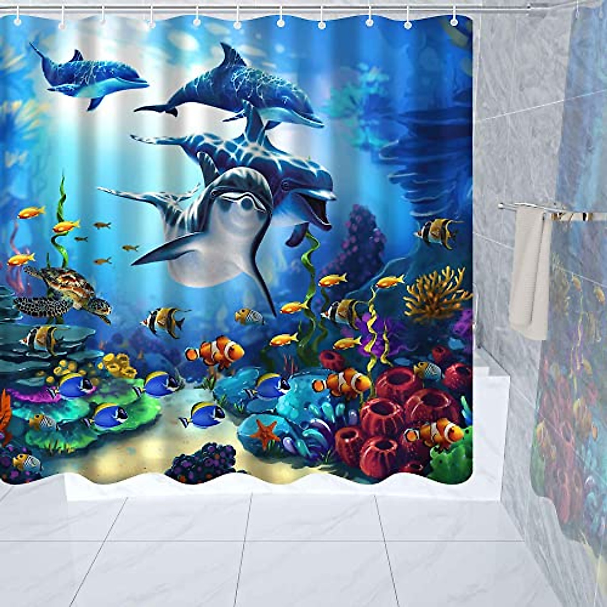 4 Pcs Dolphin Shower Curtain Set with Rugs, Toilet Lid Cover Bath Mat ,Blue Ocean Sea World Decoration Shower Curtain with 12 Hooks,65 x 70 Inches Waterproof Dolphin Shower Curtain for Bathroom Set…