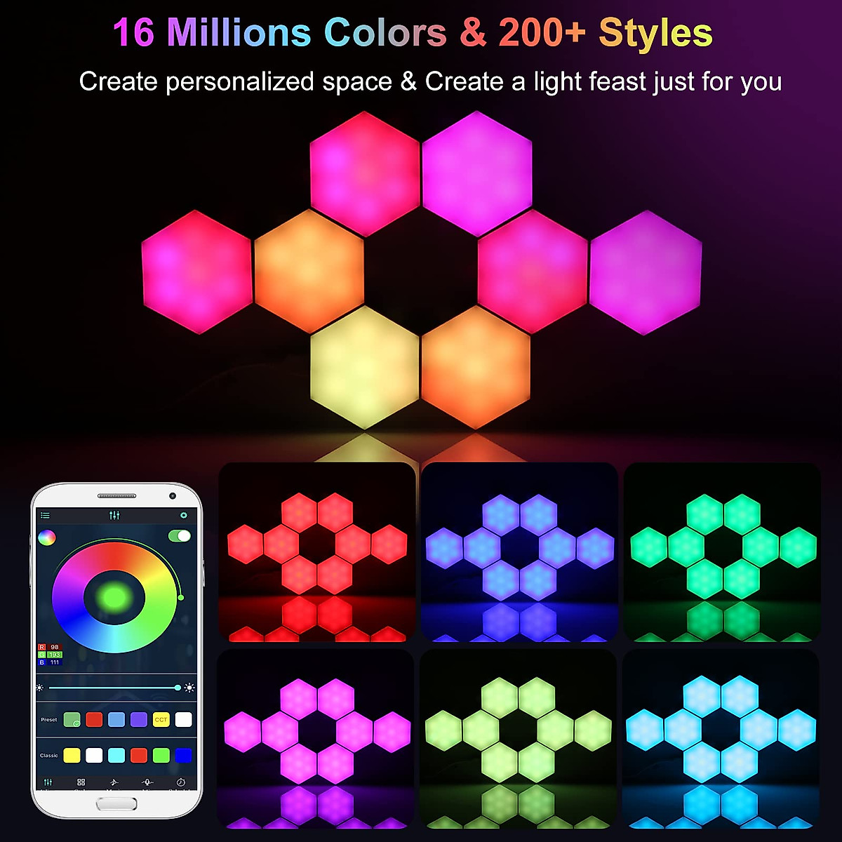 Neoglint 8 Pack Hexagon Lights - RGB Led Hex Lights for Wall with Smart APP Remote Control & Music Sync, Led Wall Light Decor for Gaming Room, Bedroom, Living Room