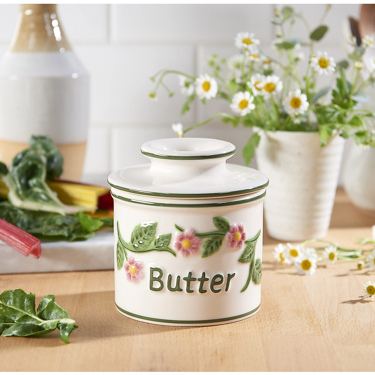 Butter Bell - The Original Butter Bell crock by L Tremain, a Countertop French Ceramic Butter Dish Keeper for Spreadable Butter, La Fleur Collection (Hand Painted Raised Floral)