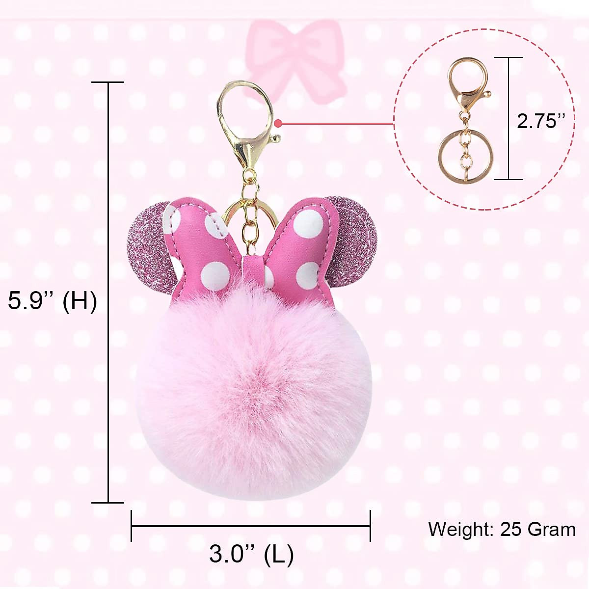 Sunwel Fashion Cute Pom Pom Keychain- Mouse Ears & Polka-dot Bow Fluffy Fur Ball Keyring Charm Handbag Pendant (BEIGE/PINK)