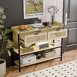 Rattan Console Table Boho Entryway Table Narrow Long Sofa Table Hallway Foyer Table Behind Couch Table with 2 Drawers and Sockets Storage Shelf LED Lights for Living Room and Corridor (Wood)