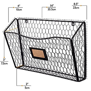 Wall35 Felic Hanging File Organizer, Folder and Mail Holder for Wall, Metal Chicken Wire Baskets with Tag Slot