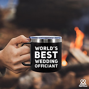 Panvola World's Best Wedding Officiant From Bride Groom Anniversary Souvenir Pastor Minister Insulated Coffee Cup 14oz With Handle And Lid 304 Stainless Steel Camping Travel Thermal Mugs - Black